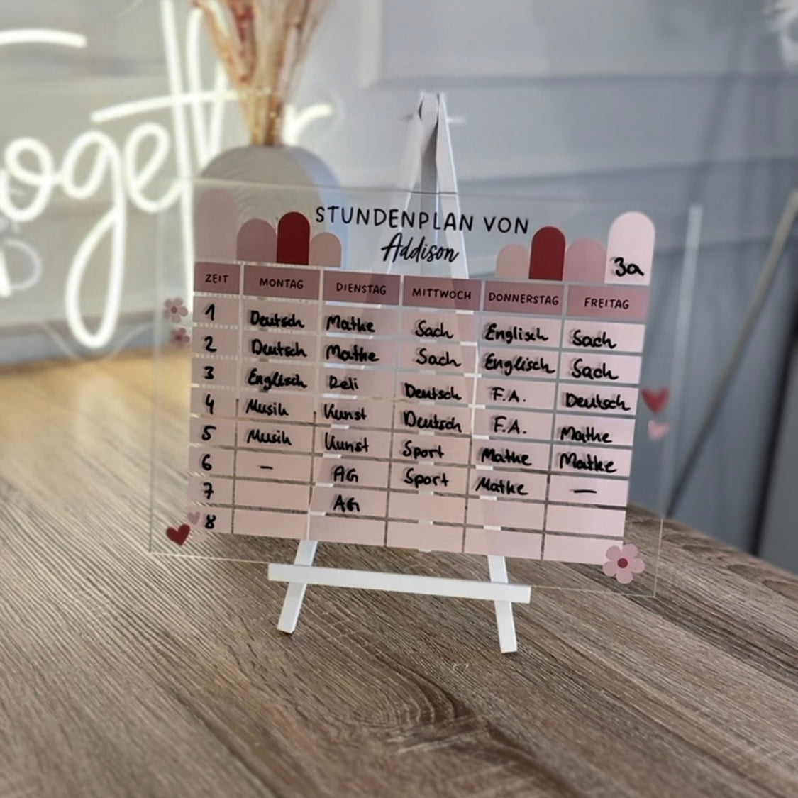 Stundenplan aus Acrylglas "Rosarot" | Schöner personalisierter Stundenplan mit Namen | Ideal ab ...